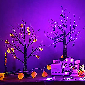 ZHOUDUIDUI Halloween Tree, Black Spooky Tree with 24LED Purple Lights and 10 Bat Ornaments Battery Powered 18IN Lighted Halloween Bonsai Tree for Indoor Tabletop Halloween Party Decoration