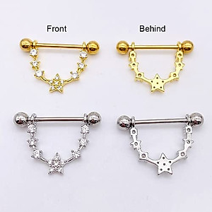 Salwosai 14G Stainless Steel Nipple Rings CZ Chain Star Straight Barbell Bars Body Piercing Jewelry (Gold)