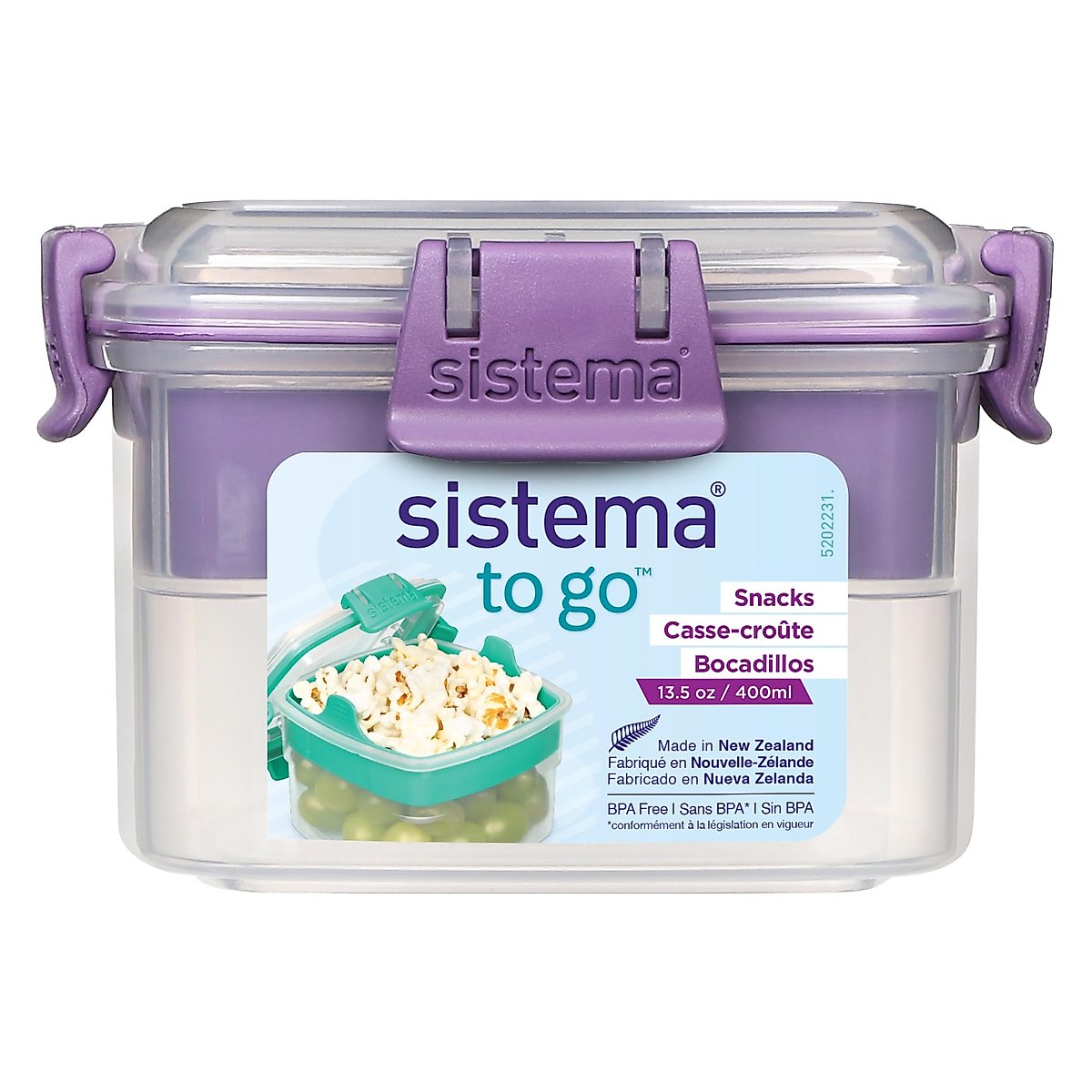 Sistema To Go Collection, 13.5 oz./0.4 L, Portable Snack Container with Separate Compartments, Flexible Seal & Easy-Lock Clips, BPA & Phthalate Free, Color May Vary
