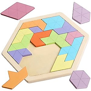 Wooden Hexagon Puzzle for Kid Adults Wooden Blocks Puzzle Brain Teasers Toy Shape Pattern Blocks Tangram Puzzles Games Family Portable Montessori Educational Gift for All Ages Children Challenge