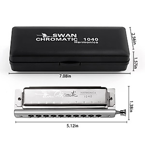 SWAN Chromatic Harmonica 10 Holes Deluxe Harmonica C Key with Slider and Valve - 10 Hole 40 Tone for Adults Beginners Students - Professional Harmonica Key of C, Polished Silver (SW1040-1)