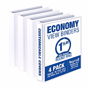 Samsill 1.5 Inch 3 Ring Binders, Made in USA, Economy Round Ring, Clear View Cover, 325 Sheet Capacity - for School, Home, Office - White, 4 Pack