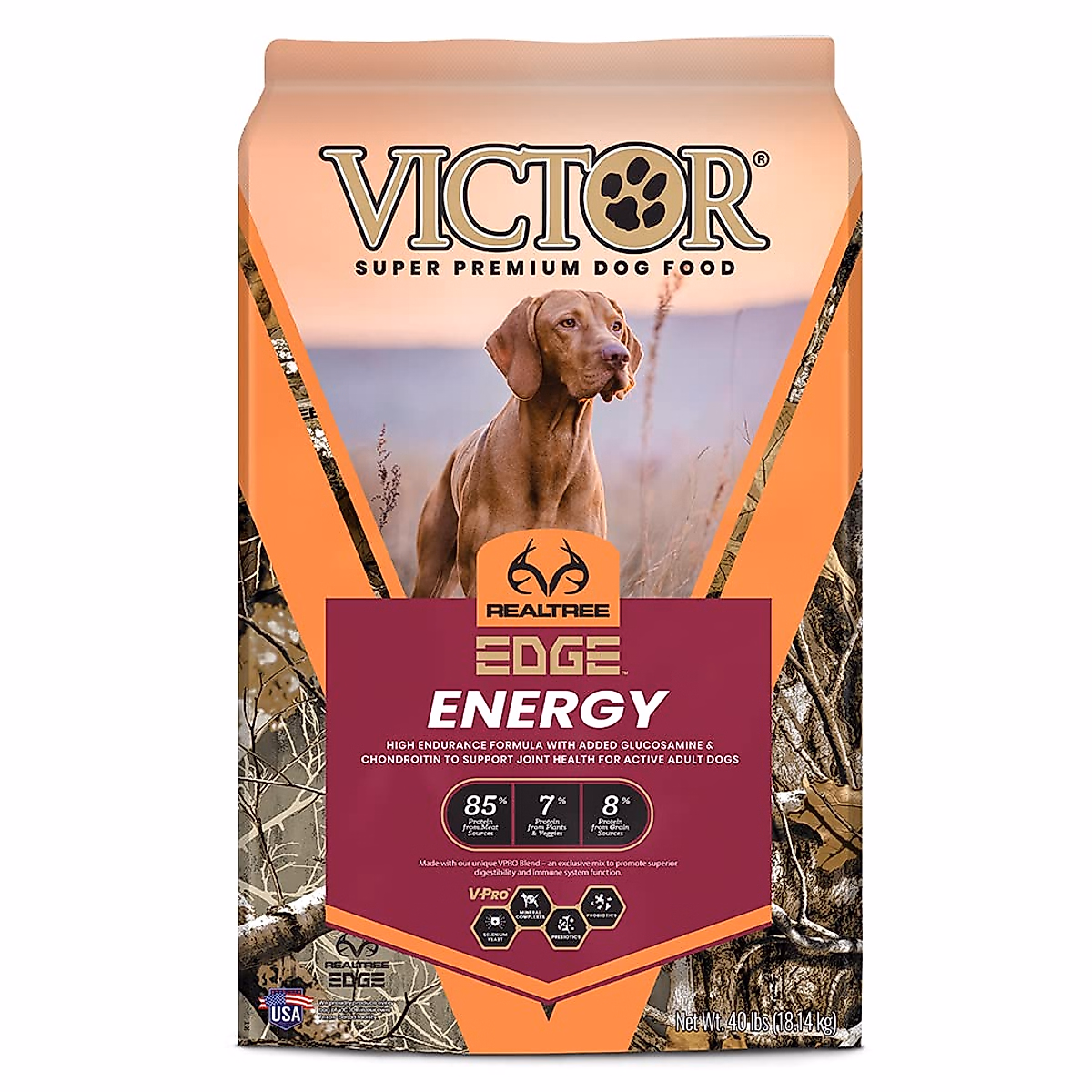 Victor Super Premium Dog Food – Realtree Edge Energy Dry Dog Food for Highly Active Dogs – Gluten Free Dog Food with Glucosamine and Chondroitin for Hip and Joint Health, 40 Lb