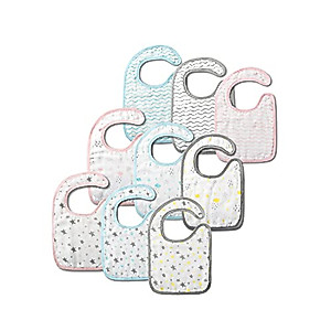 Little Grape Land 1OO% Cotton Muslin Bib 9 Pack, 8 Layers Breathable Adjustable Snaps Fits Babies and Toddlers 0-36 Months, Machine Washable Bib for Boys Girls - Colorful Stars & Stripe