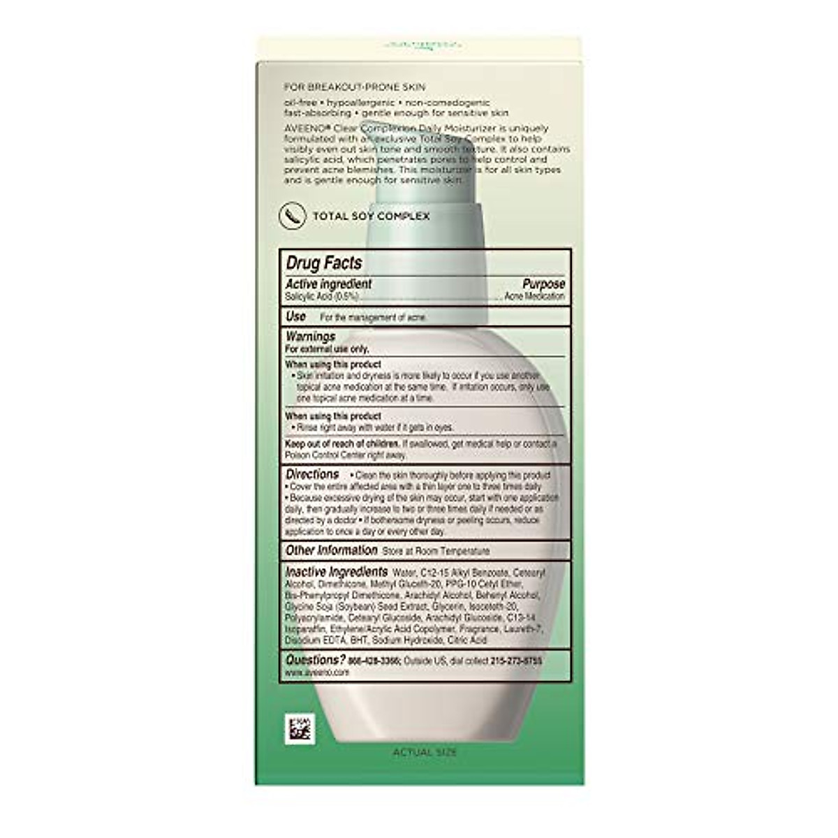 Aveeno Clear Complexion Salicylic Acid Acne-Fighting Daily Face Moisturizer with Total Soy Complex, For Breakout-Prone Skin, Oil-Free and Hypoallergenic, 4 fl. oz