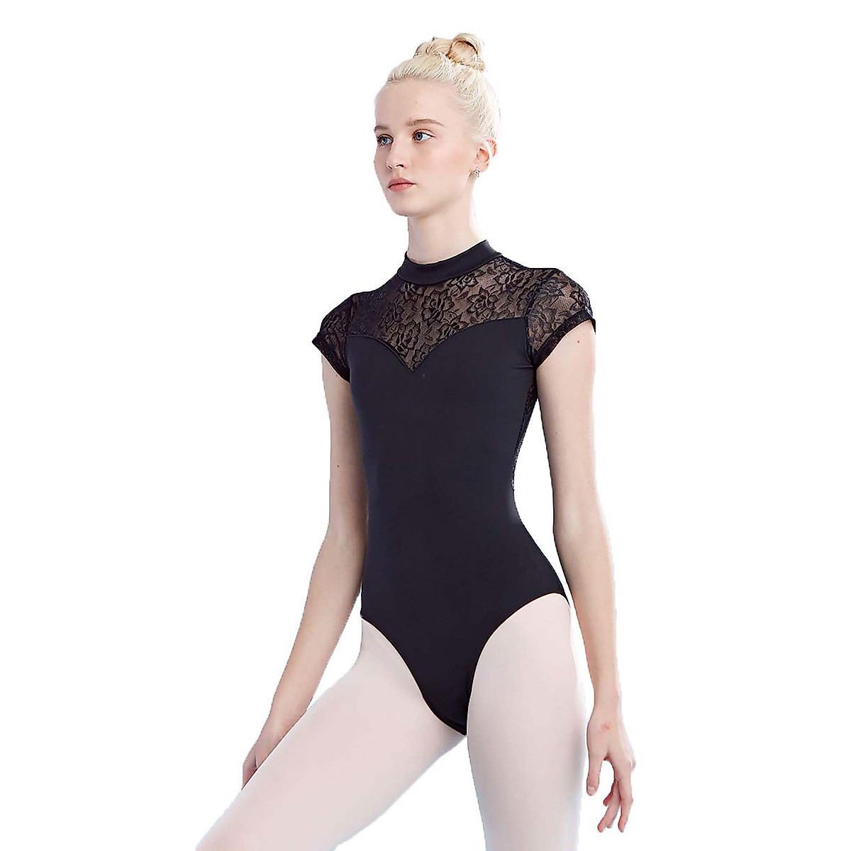 Daydance Black Women Ballet Leotards Lace Cap Sleeve Dance Clothes