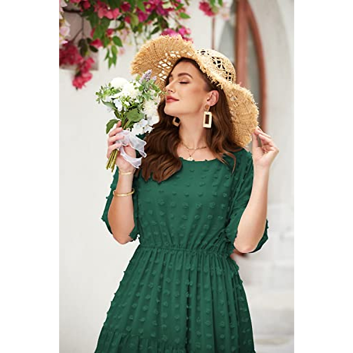 IN'VOLAND Womens Chiffon Elegant Plus Size Dresses Swiss Dot Babydoll Short Sleeve Party Midi Dress Dark Green
