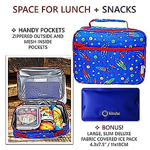 kinsho Bento Lunch Box and Matching Lunch Bag with Ice Pack Set for Kids, Toddlers (Blue Red Rockets)