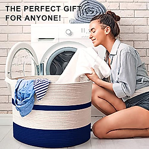 Mtesbonnie Large Cotton Rope Basket 21.7" x 21.7" x 13.8" Blanket Holder Basket Nursery Baby Laundry Basket Woven Soft Toy Storage Basket with Handle for Comforter Cushions Thread Home Decor Basket