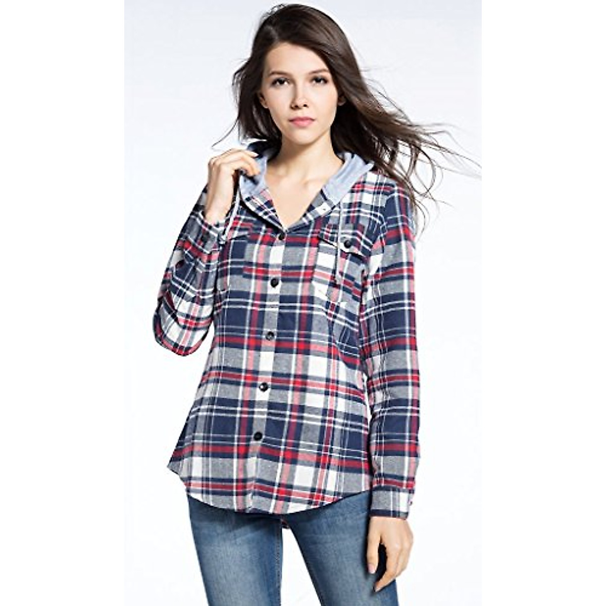 BOMDEALS Women's Classic Plaid Cotton Hoodie Button-up Check Shirts (M,Gray)