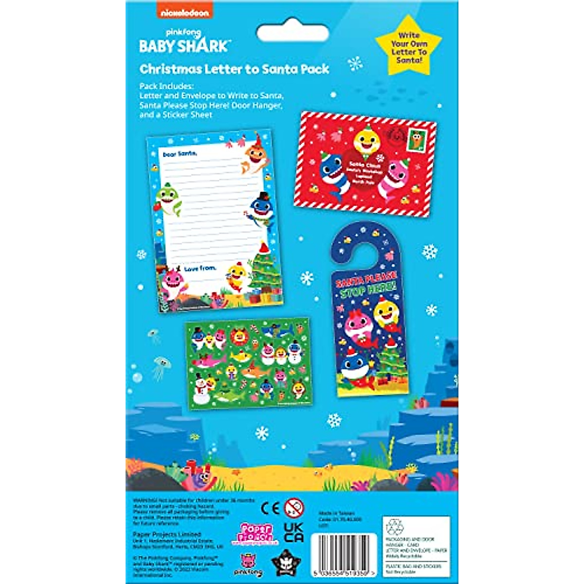 Paper Projects 01.70.40.005 Baby Shark Letter to Santa Pack | Also Includes Door Hanger, Stickers, and Envelope | Perfect for Christmas, Multicoloured, 26cm x15cm