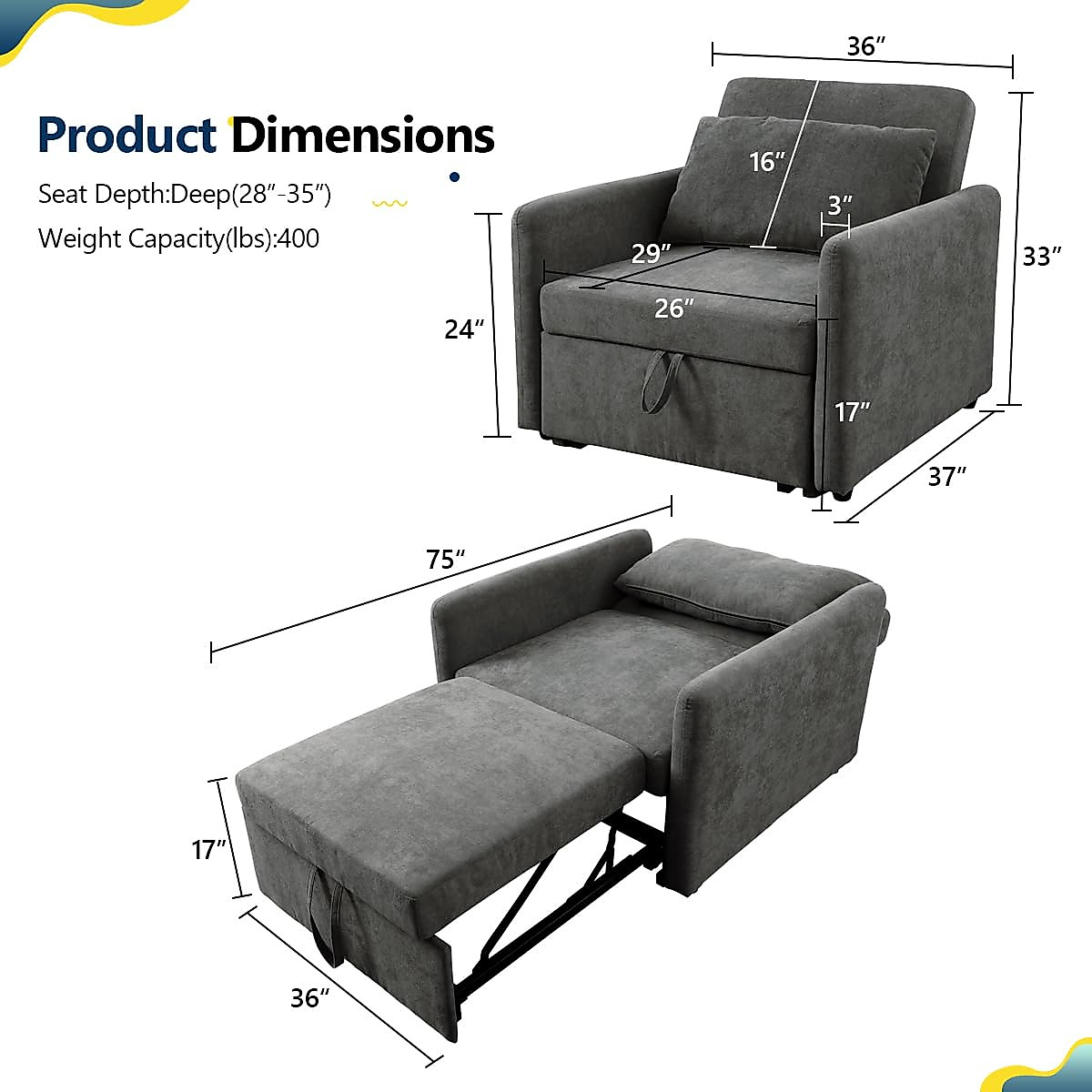 Mlxgoie Convertible Sofa Bed Chair, 3-in-1 Multi-Functional Sleeper Single Futon Chair Bed with Modern Linen Fabric & Tufted Pillow for Compact Living Room, Apartment, Dorm - Grey