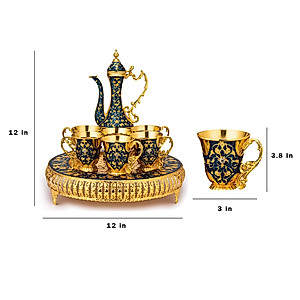 Vintage Extra Large Turkish Coffee & Tea Pot Set for 6 by Gute with Large Crystal Tray & Teapot Gold with Swarovski Style Crystals (Blue) 480ml - 6 Vintage Moroccan Tea Glasses 230ml Teacups Gold