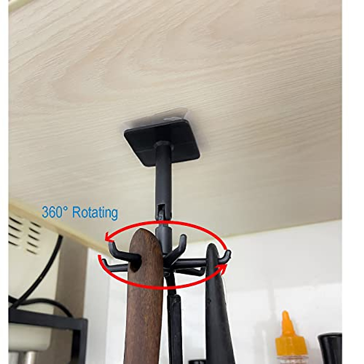 AMOTIE Hooks for Hanging, 360° Rotating Folding Hook, 2 Pack Under Cabinet Utensil Holder with 6 Hooks Utility Hook Kitchen Towel Hooks Suction Cup Hook for Bathroom, Cabinet Hook for Hanging (Black)