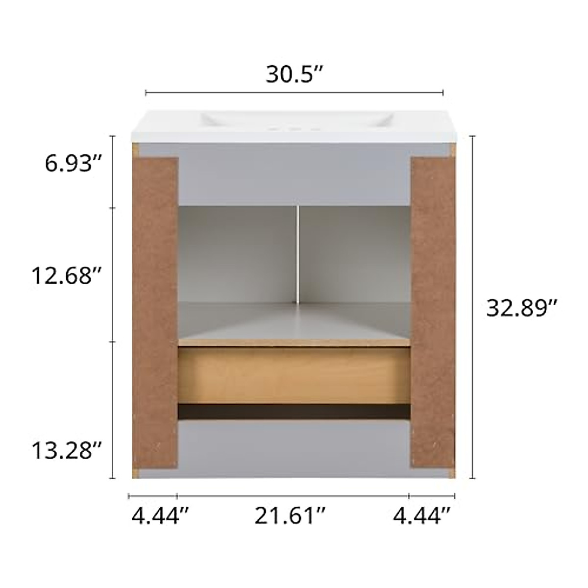 Spring Mill Cabinets Emlyn 30 Inch Bathroom Vanity with White Single Sink Top, 2-Door Cabinet, 1 Drawer, 30.5" W x 18.75" D x 32.89" H, White