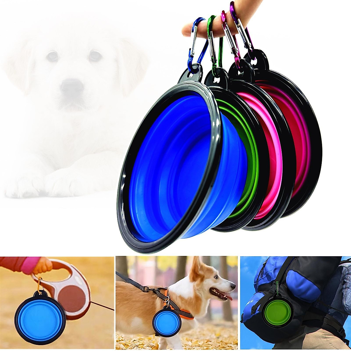 Collapsible Bowls Dog Pet Bowl, 4 Pack for Cats Dogs Travel Bowl Portable Foldable Pet Feeding Watering Dish Pet Supplies for Walking Parking Traveling Camping with 4 Carabiner Clip