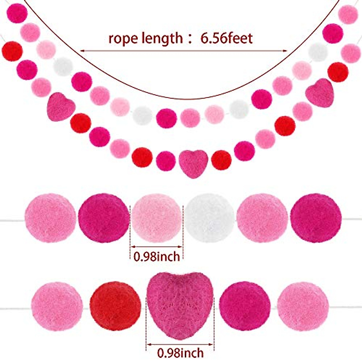 Tatuo 3 Pieces Valentine's Day Wool Felt Ball Garland 6.56 Ft Valentines Pom Pom Garland Banner Felt Heart Hanging Garland for Valentine's Day Wall Indoor Outdoor Home Party Supplies