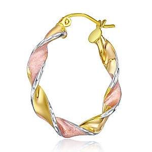 14k REAL Tri Color Gold 4mm Thickness Swirl Hinged Hoop Earrings (25 x 25 mm)