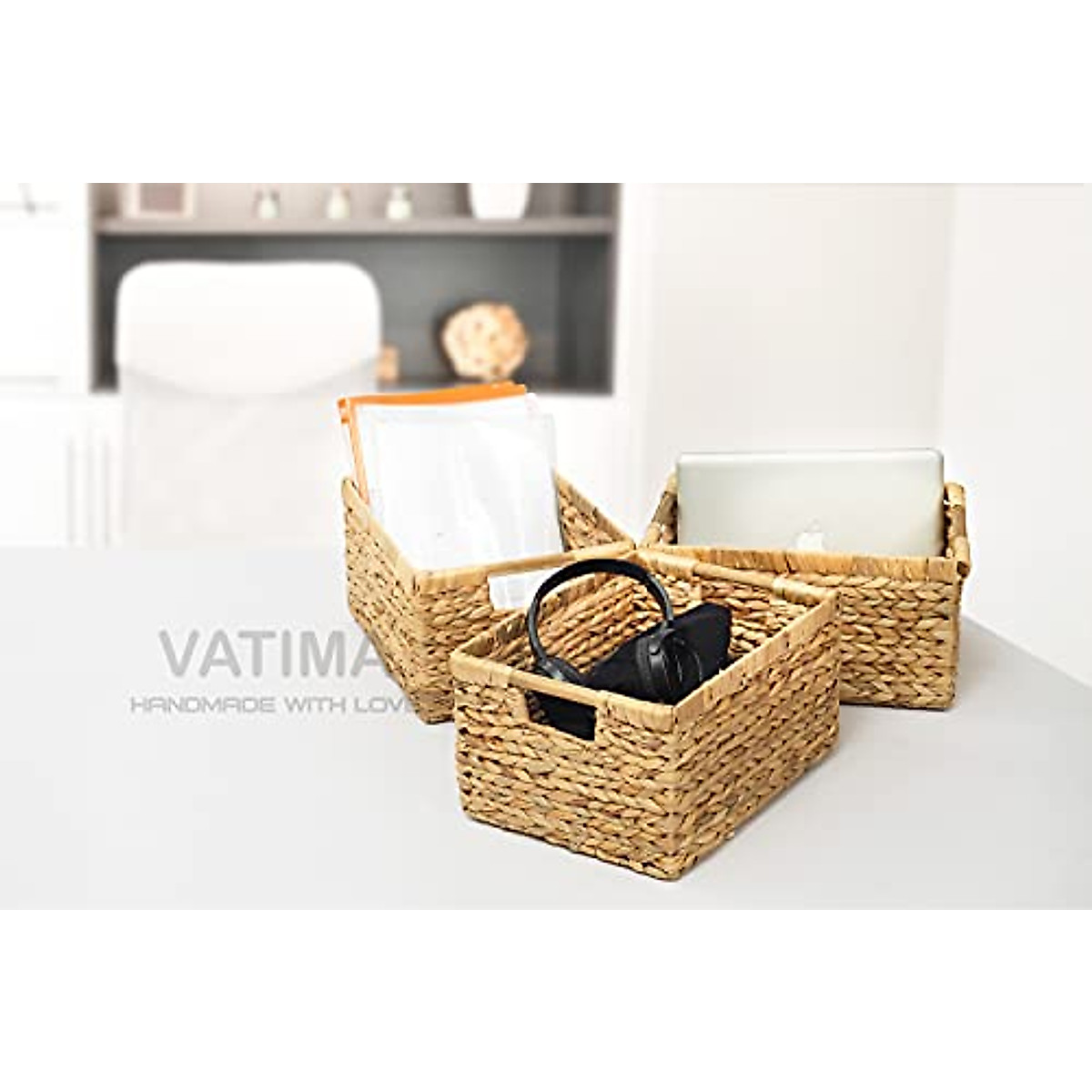 Large Wicker Basket Rectangular with Wooden Handles for Shelves, Water Hyacinth Basket Storage, Natural Baskets for Organizing, Wicker Baskets for Storage 14.5 x 10.3 x 7.5 inches - 3 Pack