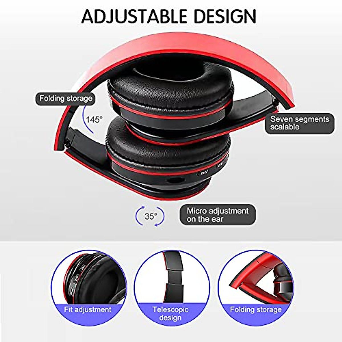 TPSKY Bluetooth Headphones Over Ear Headphones with Deep Bass LED Foldable Stereo Headphones for Smart Phone/TV/PC (Red/Black)
