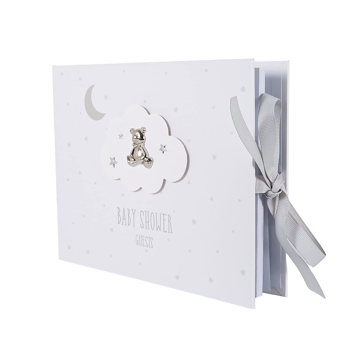 Happy Homewares Beautiful Ivory White Baby Shower Guest Book with Silver Plated Teddy Bear and Stars | 40 Lined Sheets | Luxurious Grey Fabric Ribbon