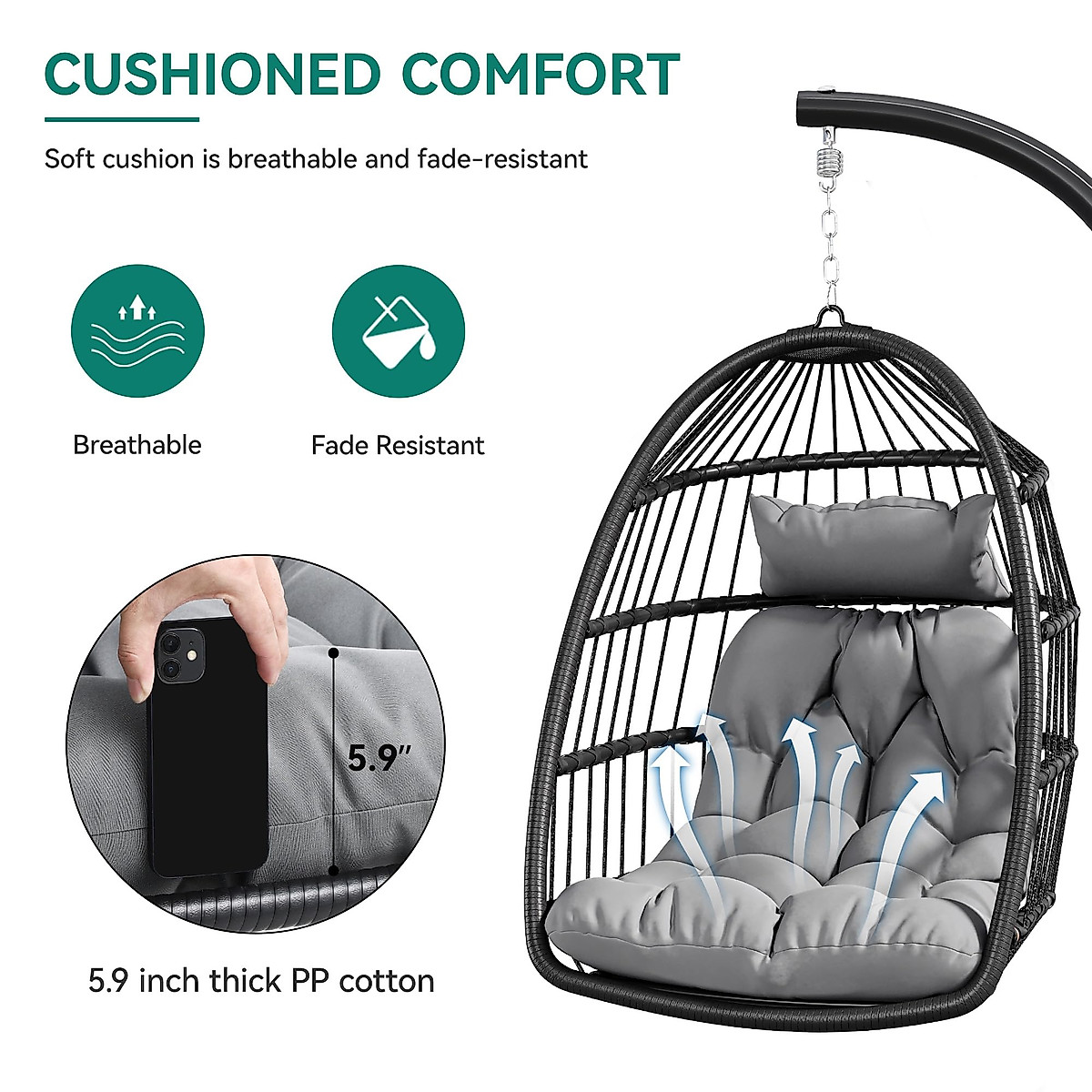 YITAHOME Hanging Egg Swing Chair with Stand Egg Chair Wicker Indoor Outdoor Hammock Egg Chair with Cushions 330lbs for Patio, Bedroom, Garden and Balcony, Dark Gray(Stand Included)