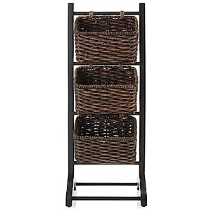 Casafield 3-Tier Floor Stand with Water Hyacinth Storage Baskets, Black/Espresso - Standing Organizer Rack for Bathroom, Kitchen, Laundry, Living Room