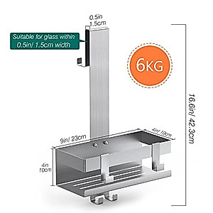 Emibele Shower Caddy Stainless Steel Hanging Glass Shower Shelf with Hooks, No Drilling Shower Basket Lotion Towel Holder for Bath Glass Door, Silver