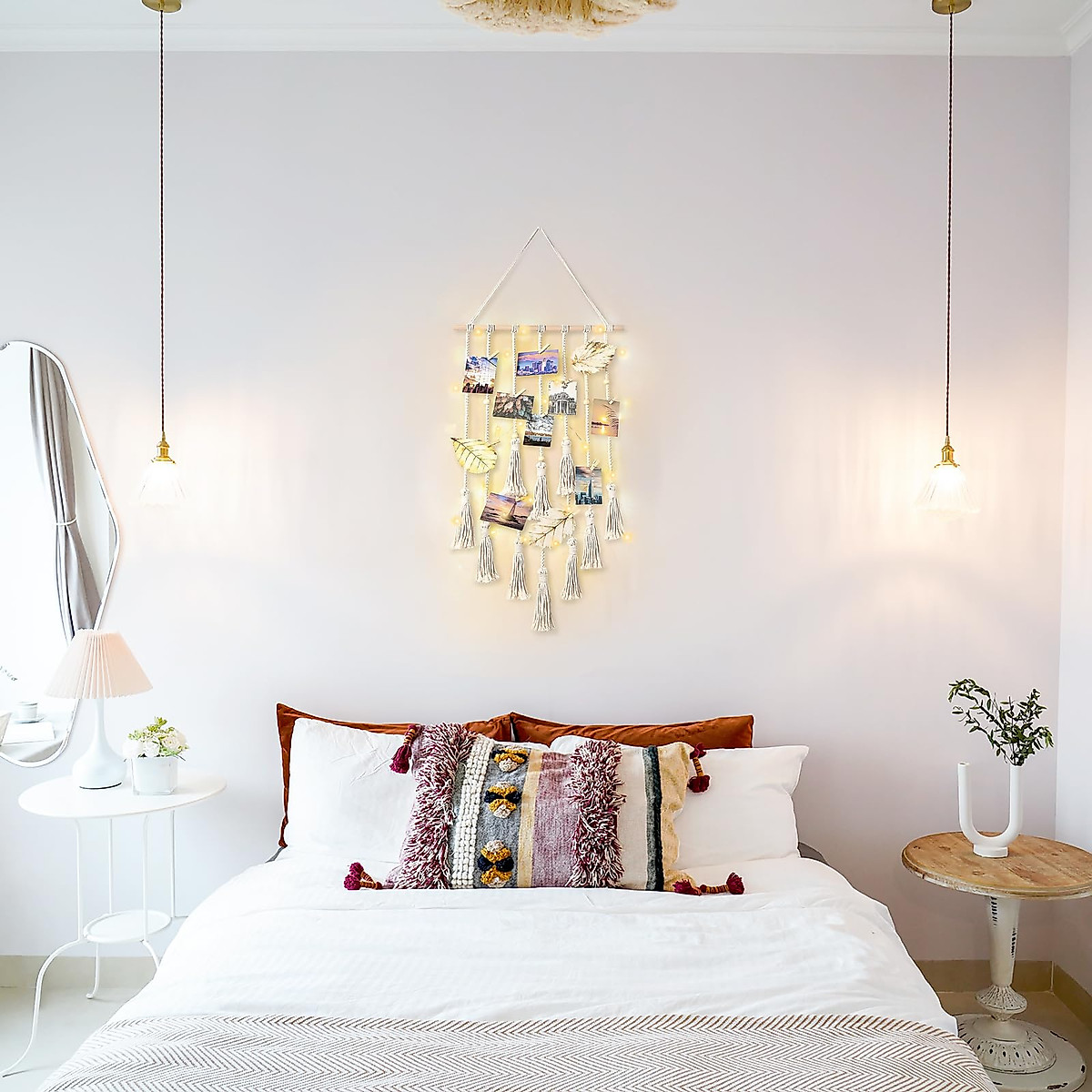 Mkono Hanging Photo Display Boho Macrame Wall Decor with Light, Teen Girl Teenage Gifts, Pictures Cards Frame Holder Art Hanger for Birthday Party Room Bedroom Dorm, with 30 Wood Clips, Ivory