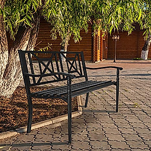 Safstar Outdoor Garden Bench, Metal Porch Bench Seat with Slated Seat & Decorative Backrest, 2-Person Loveseat for Patio Garden, Powder Coated Iron Frame, Patio Bench Front Door Bench for Outside