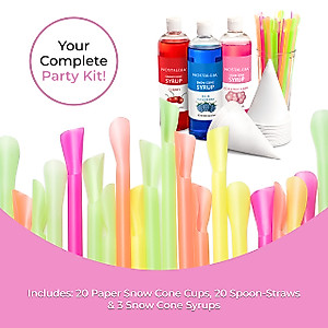Nostalgia Premium Snow Cone Party Kit, 3 Syrups, Blue Raspberry, Cherry, Cotton Candy, 20 Cups & Spoon Straws