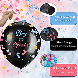 Gender Reveal Balloons, 1 Pack 36 Inch Black Boy or Girl Balloon with Pink and Blue Heart-Shaped Confetti for Gender Reveal Party Decorations