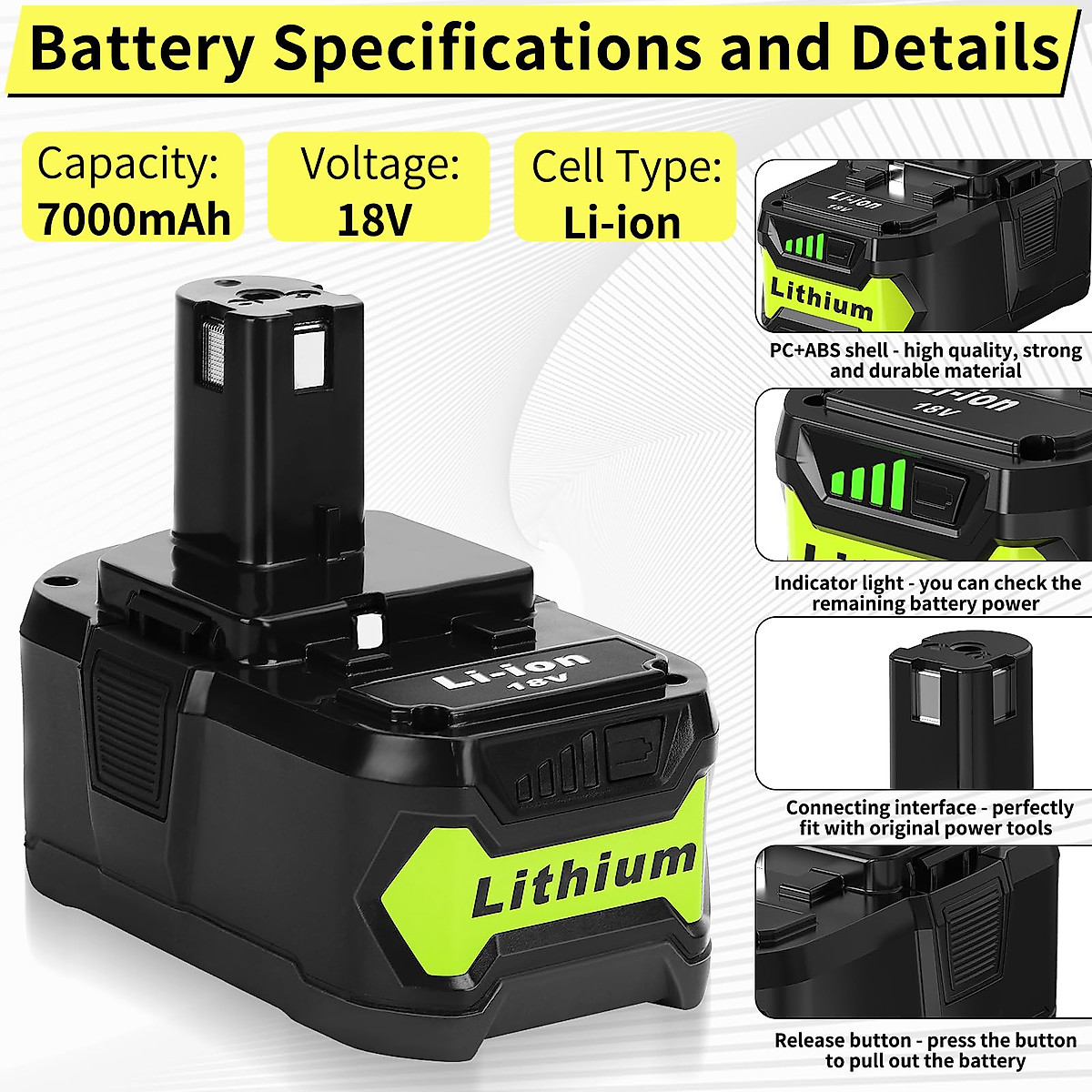 BiBiSi 2 Pack 7.0Ah 18V Replacement Battery for Ryobi 18V Battery, Lithium-Ion Battery Compatible with Ryobi ONE+ 18V P108 P102 P103 P104 P105 P107 P109 P190 P122