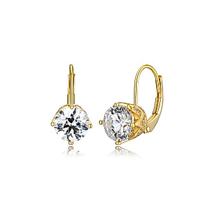 MORGAN & PAIGE 18K Yellow Gold Plated 925 Sterling Silver 7mm Cubic Zirconia Classic Solitaire Leverback Dangle Drop Earrings