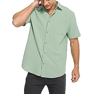 TUREFACE Shirts for Men Casual Button Down Short Sleeve Cotton Dress Shirt Big ANG Tall for Summer(Light Green,XL)