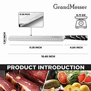 GrandMesser Carving Knife, 12 Inch Slicing Knife for Meat, Premium German Steel Brisket Knife with ABS Handle, for BBQ Brisket Turkey Ham Rib Roast Beef with Sharpener.