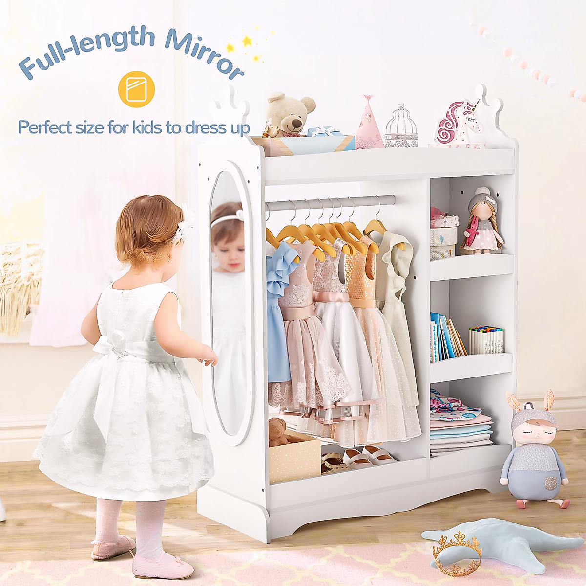 Curipeer Kids Dress up Storage with Mirror, Kids Wardrobe with 3 Hooks, Kids Closet for Girls Boys, Kids Armoire Costume Organizer for Bedroom, White