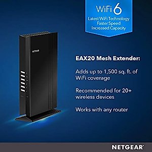 NETGEAR WiFi 6 Mesh Range Extender (EAX20) - Add up to 1,500 sq. ft. and 20+ devices with AX1800 Dual-Band Wireless Signal Booster & Repeater (up to 1.8Gbps speed), plus Smart Roaming