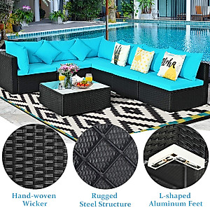 Tangkula 7 Piece Patio Furniture Set, Outdoor Sectional Sofa w/Pillows and Cushions, Wicker Sofa Conversation Set with Coffee Table, Patio Sofa and Tea Table Set for Garden, Lawn