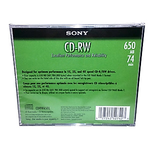 Sony CD-RW 650 mb 74 min 1x-4x Rewritable Blank CD-ROM Disks CDRW650L with Jewel Cases - 4 Pack