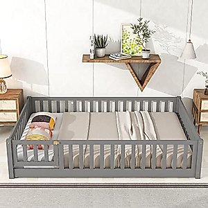 LLS Full Floor Bed for Children, Durable Montessori Floor Bed with Wood Slats, Safety Fence & Small Door, Wood Floor Bed Frame for Girls Boys and Children, Gray (with Bed Slats)