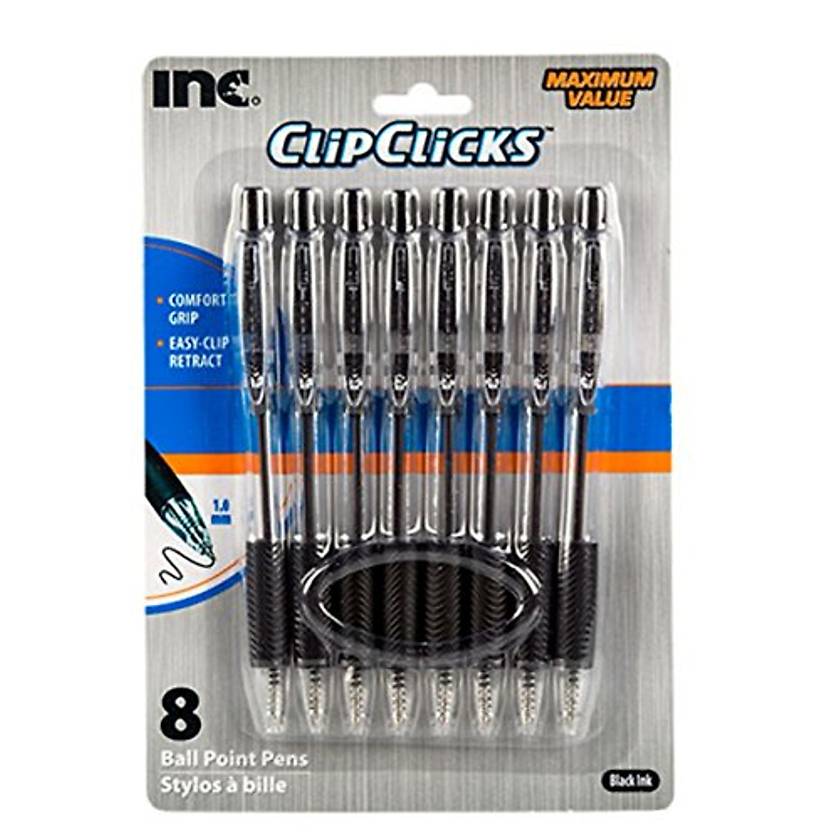 Clip Click Retractable Ball Point Pens, 1.0 mm Black Ink, Set of 8