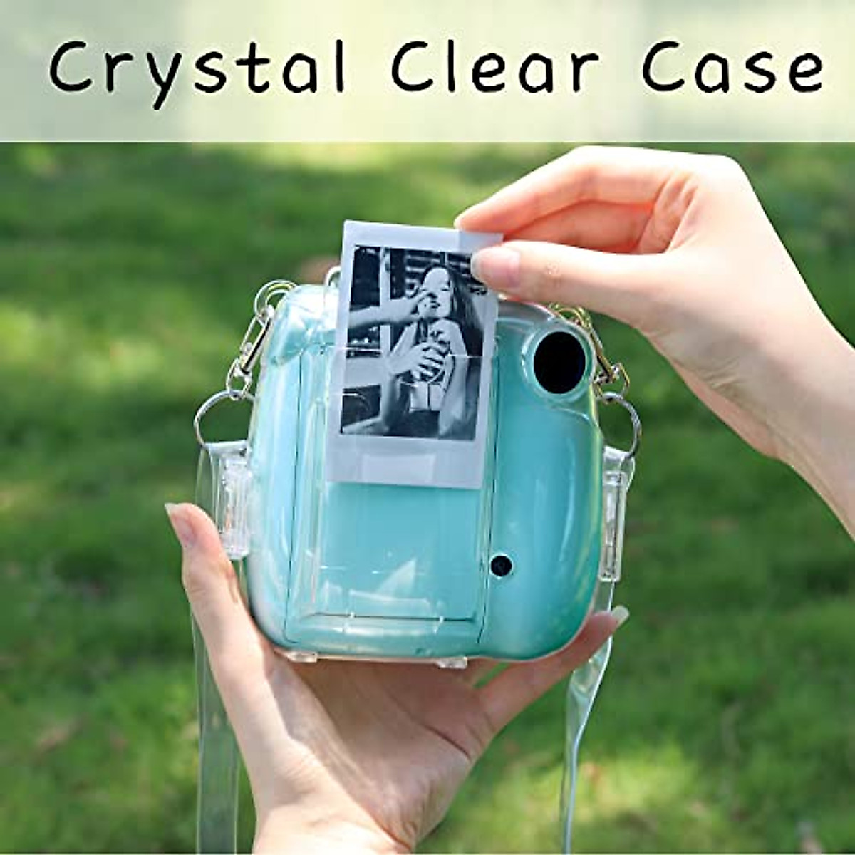 CAIYOULE Clear Case for Fujifilm Instax Mini 7+ Plus Camera Case Protective Case with Back Photo Storage Pocket, Selfie Mirror, Stickers and Adjustable Shoulder Strap