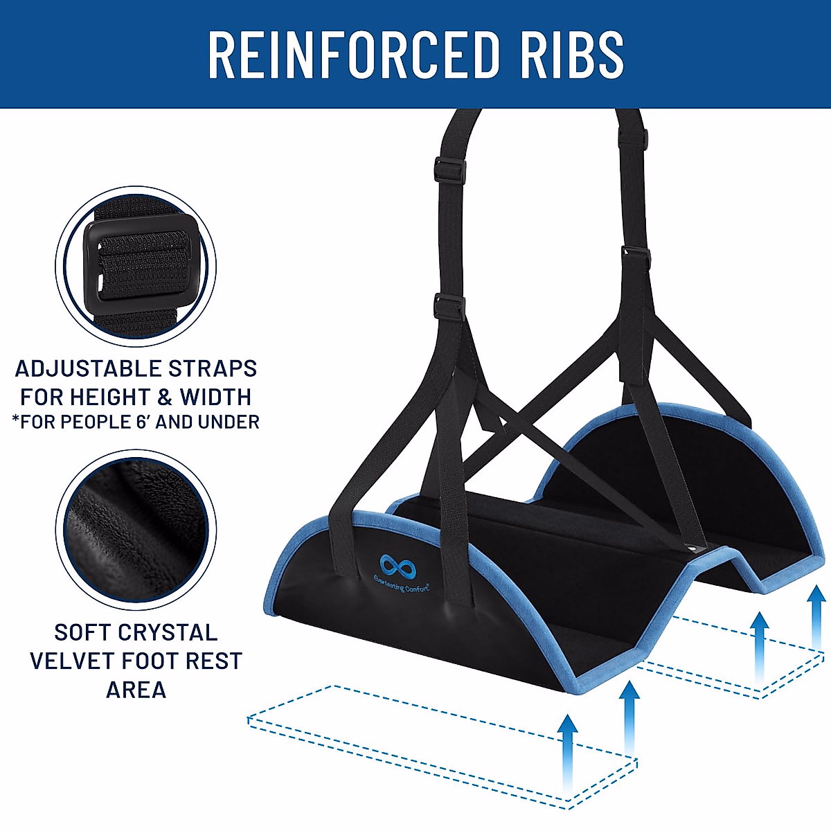 Everlasting Comfort Airplane Footrest - Ergonomic Adjustable Foot and Heel Hammock - Memory Foam Portable Air Plane Flying Travel Foot Rest - Long Airplane Flight Accessories for Feet (Black)