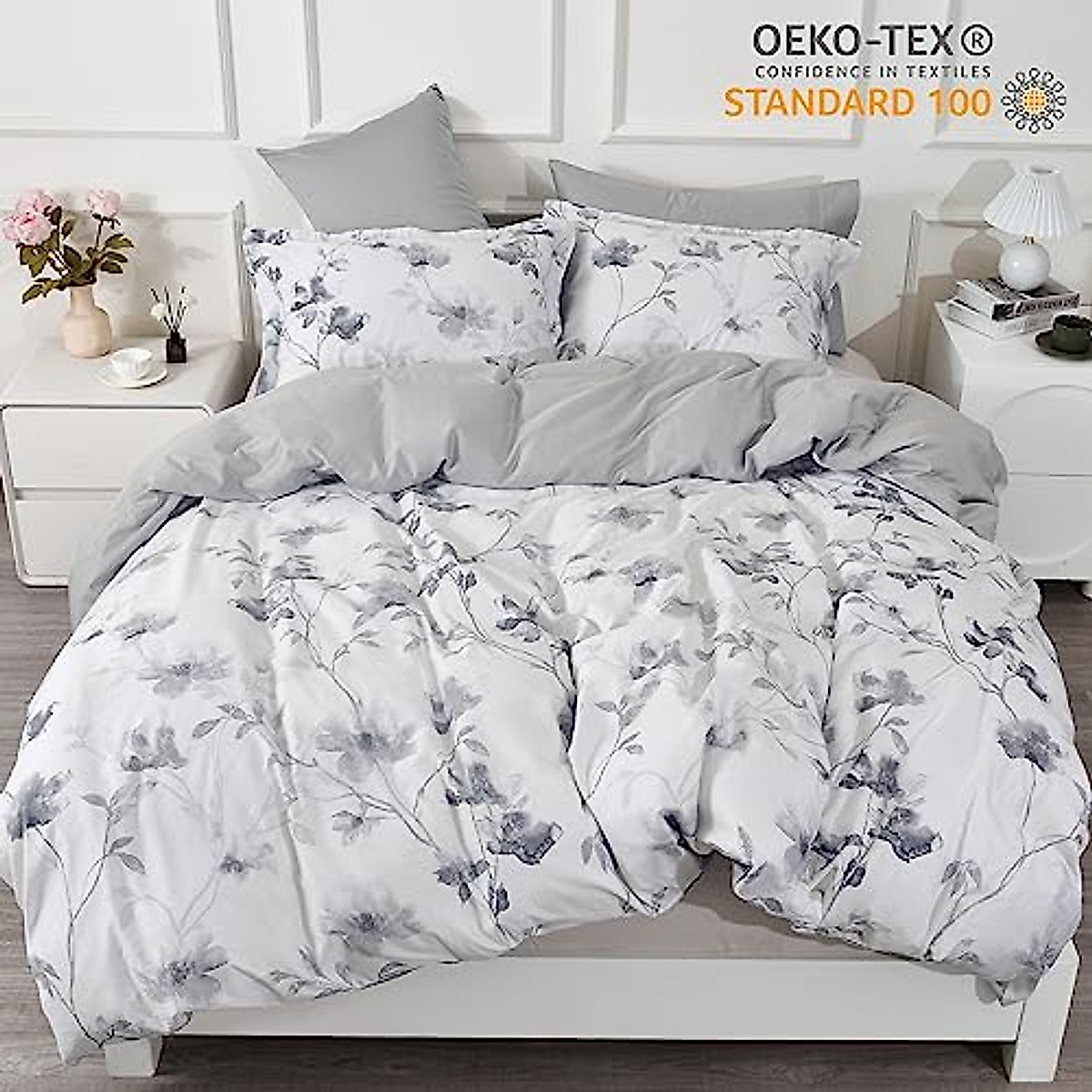 PHF 100% Cotton Printed Duvet Cover Queen Size, 3 Pieces Soft Breathable Duvet Cover Set for All Season, Stylish Floral Pattern Smooth Comforter Cover with 2 Pillow Shams, 90" x 90", White Grey-Floral