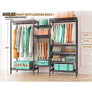 Raybee 77" H Clothes Rack Heavy Duty Clothing Racks for Hanging Clothes with Basket Drawers Load 850 LBS 75" Wide Large Clothes Rack with Shelves Adjustable Wire Garment Rack Free Standing Closet