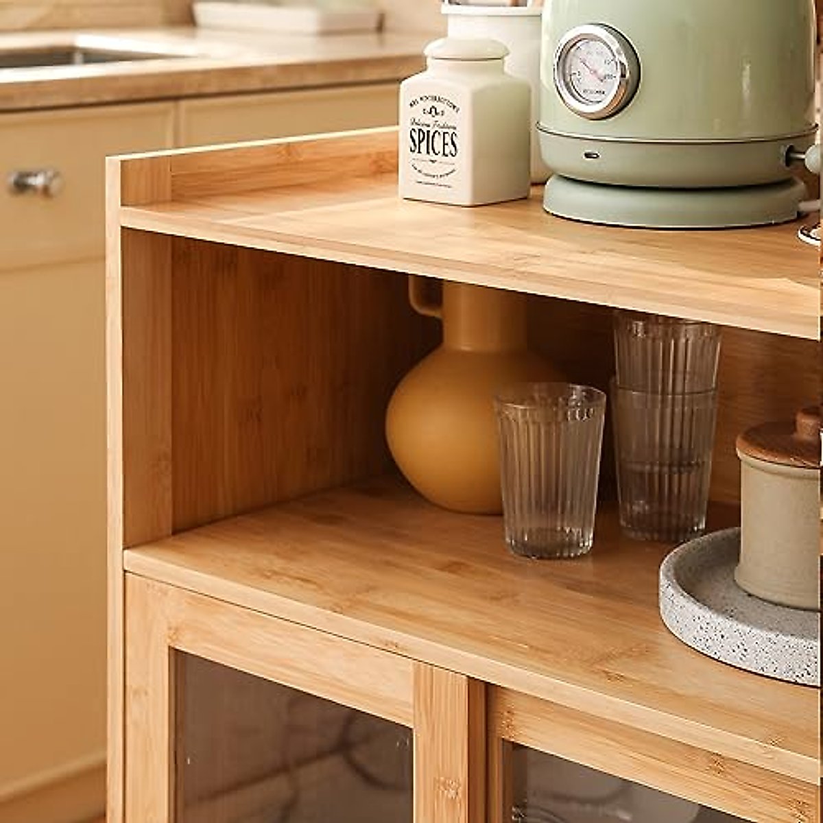 ZHUMUJIAJU Sideboard Buffet Cabinet, Modern Buffet Sideboard with Storage, Console Server Table with Doors & Shelf, Bamboo Coffee Bar Cabinet for Dinning Room