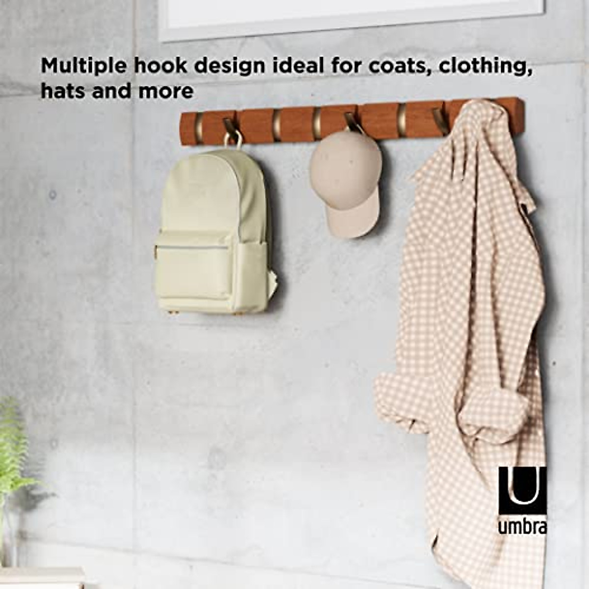 Umbra Flip Wall-Mounted Coat Rack Rail Hook for Hats, Jackets, Bags and More – Modern, Space-Saving Storage Organizer for Entryway, Mudroom, Closet, Bathroom, Bedroom, Kids Room, or Nursery, 8 Hooks, Light Walnut/Gold