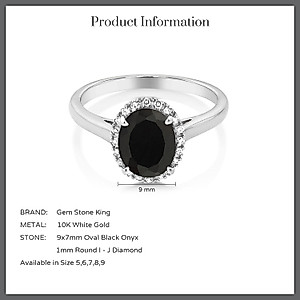 Gem Stone King 10K White Gold Black Onyx and Diamond Halo Engagement Ring | 2.14 Cttw | Oval 9X7MM | Gemstone Birthstone | Wedding Anniversary Promise Ring For Women (Size 7)