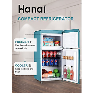 WANAI Compact Refrigerator 3.5 Cu.Ft Retro Mini Fridge with Freezer Dual Door Small Refrigerator with Adjustable Temperature，LED Lights, Removable Shelves, Mini Refrigerator for Dorm, Office, Bedroom